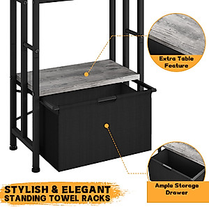 Rufokisa Freestanding Towel Rack with Drawer, 3 Tiers Standing Towel Racks for Bathroom, 23.6" L x 11.8" W x 43.3" H, Blanket Holder with Shelf, Upgrade Steady Design, Grey