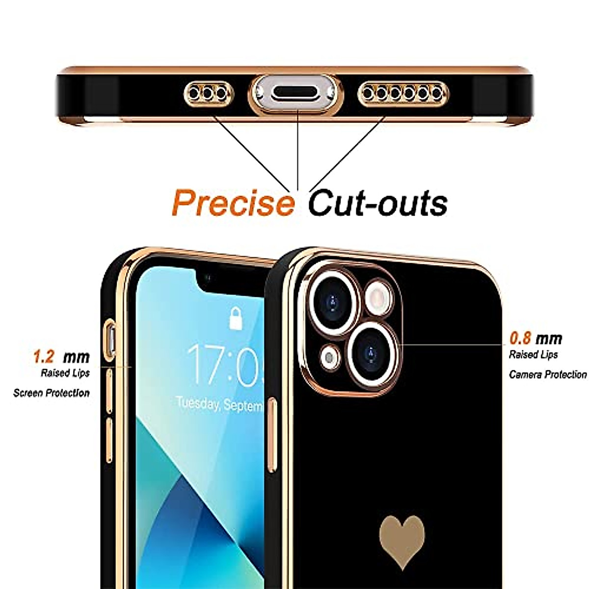 Teageo for iPhone 13 Mini Case for Women Girl Cute Love-Heart Luxury Bling Plating Soft Back Cover Raised Full Camera Protection Bumper Silicone Shockproof Phone Case for iPhone 13 Mini, Black