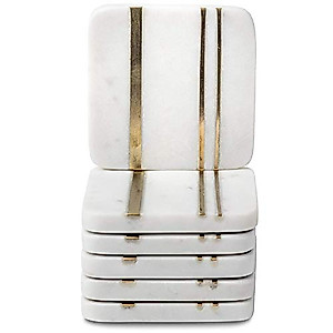 Cork & Mill Marble Coasters for Drinks - Set of 6 Handcrafted Modern Coasters - White Drink Coasters with Gold Brass Inlay - Made from Real Solid Marble