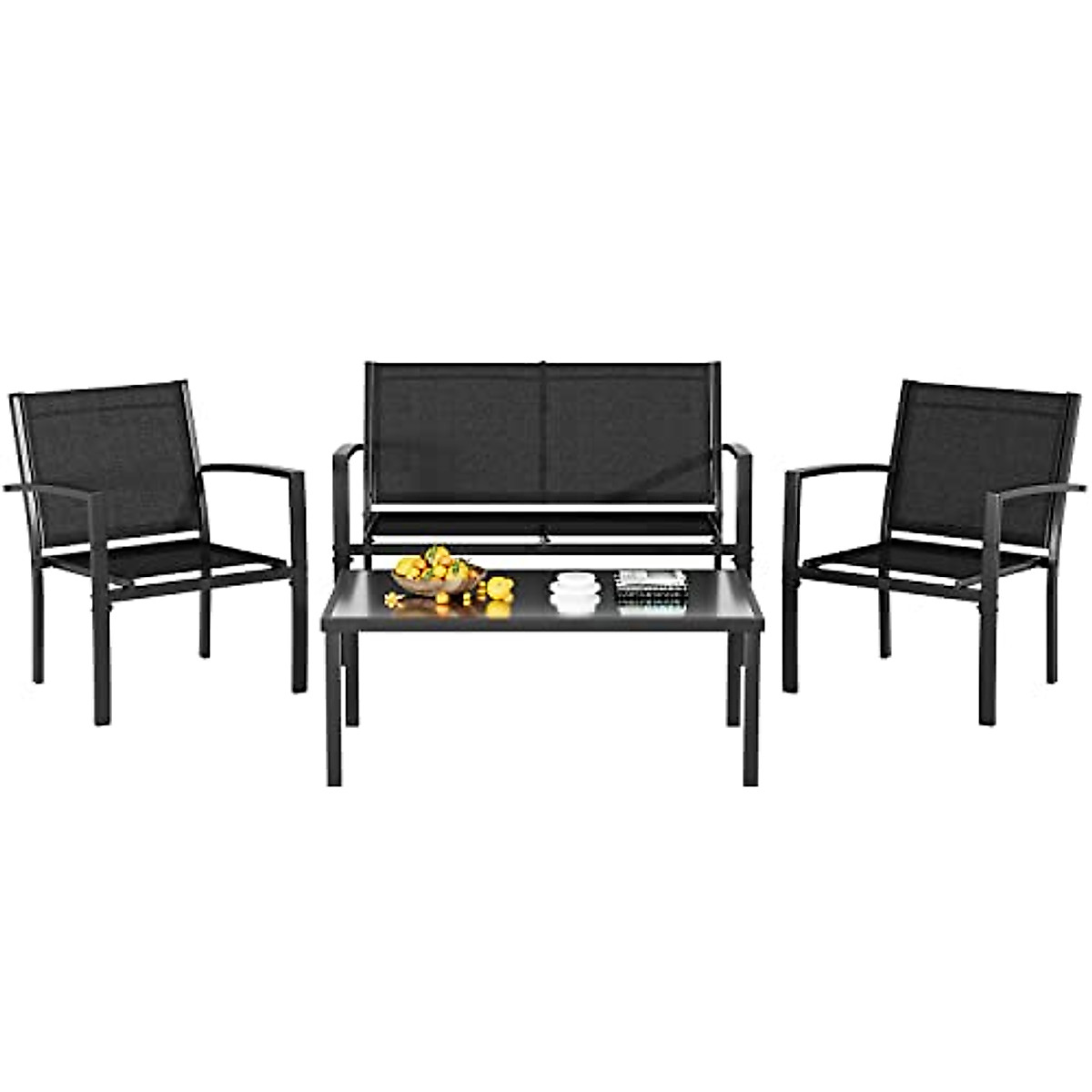 Greesum 4 Pieces Patio Furniture Set, Outdoor Conversation Sets for Patio, Lawn, Garden, Poolside with A Glass Coffee Table, Black