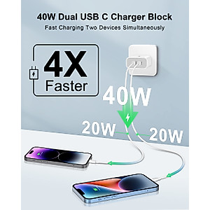 USB C Charger Block, 40W Dual Port USBC Wall Charger Plug PD Power Adapter Type C Fast Charging Brick Cube for iPhone 15/14/13/12/11/Pro Max/Plus/XS, Watch 8/7, iPad, Samsung, Google Pixel 7/6