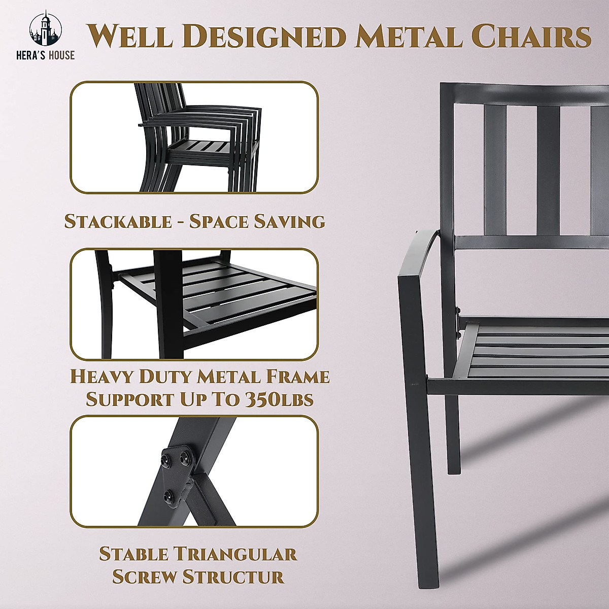 HERA'S HOUSE 7 Pieces Patio Dining Set, Table and Chairs Set for 6, 6 x Stackable Metal Chair, 1 x 64 Outdoor Metal Dining Table for Patio Lawn Garden Porch Deck
