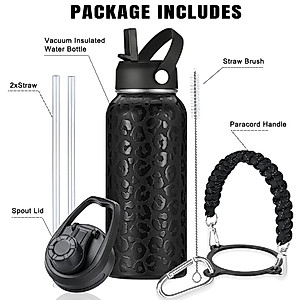 WEREWOLVES Personalized Insulated Water Bottle with Paracord Handle Straw Lid & Spout Lid, Vacuum Stainless Steel Wide Mouth Water Bottle for Adults (40oz, Leopard Print-Black)