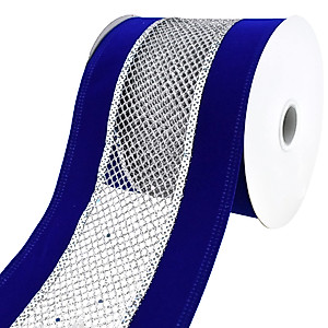Mesh Velvet Wired Edge Christmas Ribbon, 4-Inch, 10-Yard (Royal Blue/Silver)
