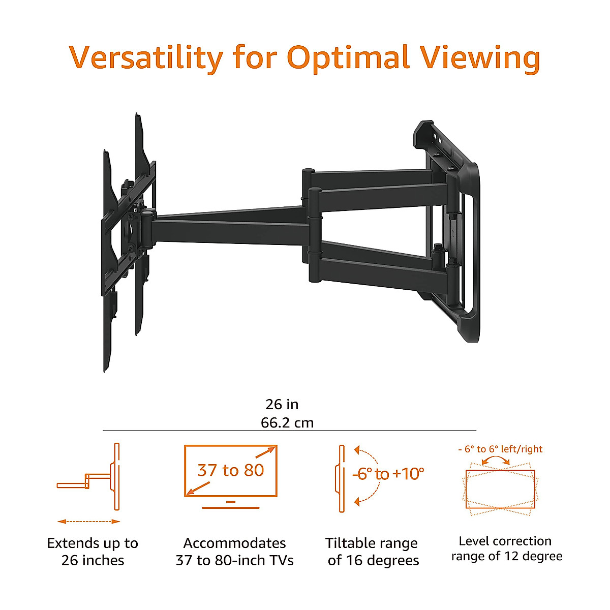Amazon Basics Heavy Duty Extension Dual Arm, Full Motion Articulating TV Mount for 37" to 80" TVs up to 132 lbs, Fits LED LCD OLED Flat Curved Screens, Black