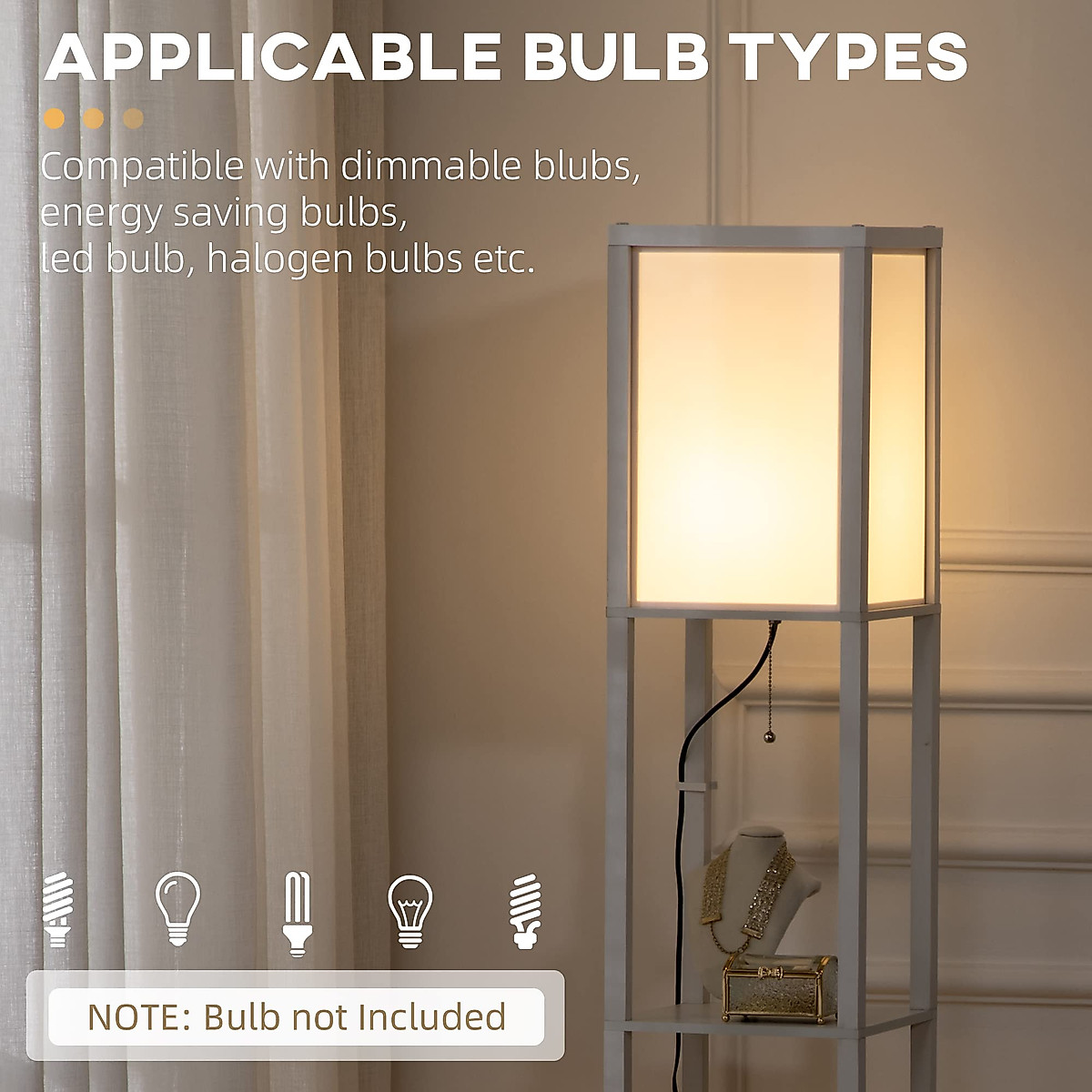 HOMCOM Modern Floor Lamp with Shelves & Dual Ambient Lighting, Tall Standing Lamp for Living Room, Bedroom with Fabric Lampshade (Bulb not Included), White