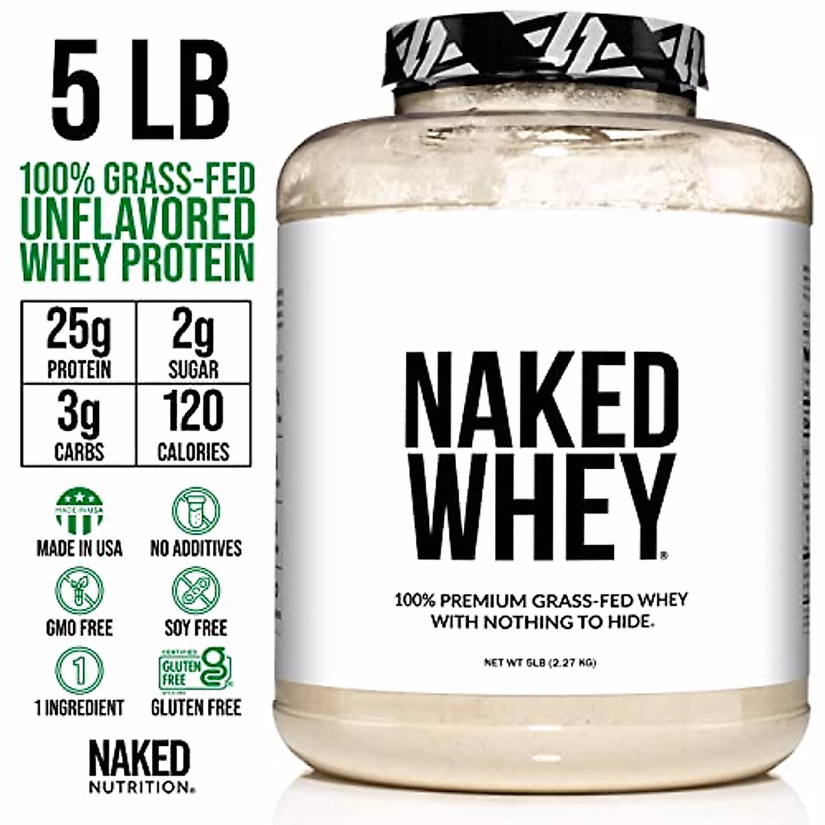 Naked WHEY 5LB 100% Grass Fed Unflavored Whey Protein Powder - US Farms, Only 1 Ingredient, Undenatured - No GMO, Soy or Gluten - No Preservatives - Promote Muscle Growth and Recovery - 76 Servings
