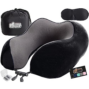 Gorilla Grip Memory Foam Travel Neck Pillow, Head Support on Airplanes, Soft Velvet, Cooling Mesh, Blinkable Eye Mask, Supportive Car Traveling, Sleeping on Long Flight, Airplane Pillows, Black