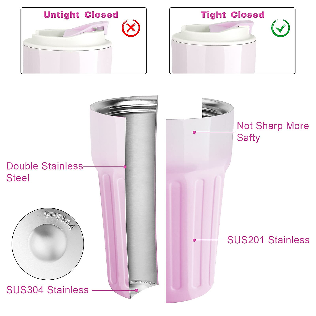 KETIEE Insulated Coffee Cup with Leakproof Lid,Reusable Coffee Cups Travel Cup,13 OZ Coffee Travel Mug,Double Walled Coffee Mug,Stainless Steel Coffee Mug for Hot Cold Drinks (Grad Pink)