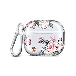 RXKEJI AirPods 3 Case Cover, Rose Flower Clear Case Cute Protective Soft Shockproof Cover with Keychain for Women Girls Compatible with AirPods 3rd Generation Case - Pink