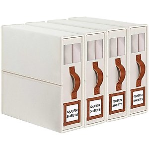 GhvyenntteS Bed Sheet Organizers and Storage 4 Pack (Queen & King Size), Foldable Sheet Organizers and Storage with Window and Label, Bed Sheet Organizer with Leather Handle, Beige