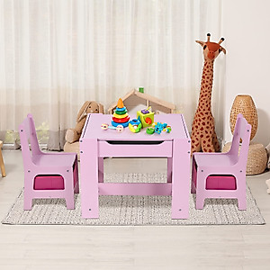 Arlopu Kids Table and 2 Chairs Set, 3-in-1 Wooden Activity Table, w/Detachable Storage Drawer, Drawing Reading Black Board Desk, Art Craft, Playroom, Nursery (Natural)
