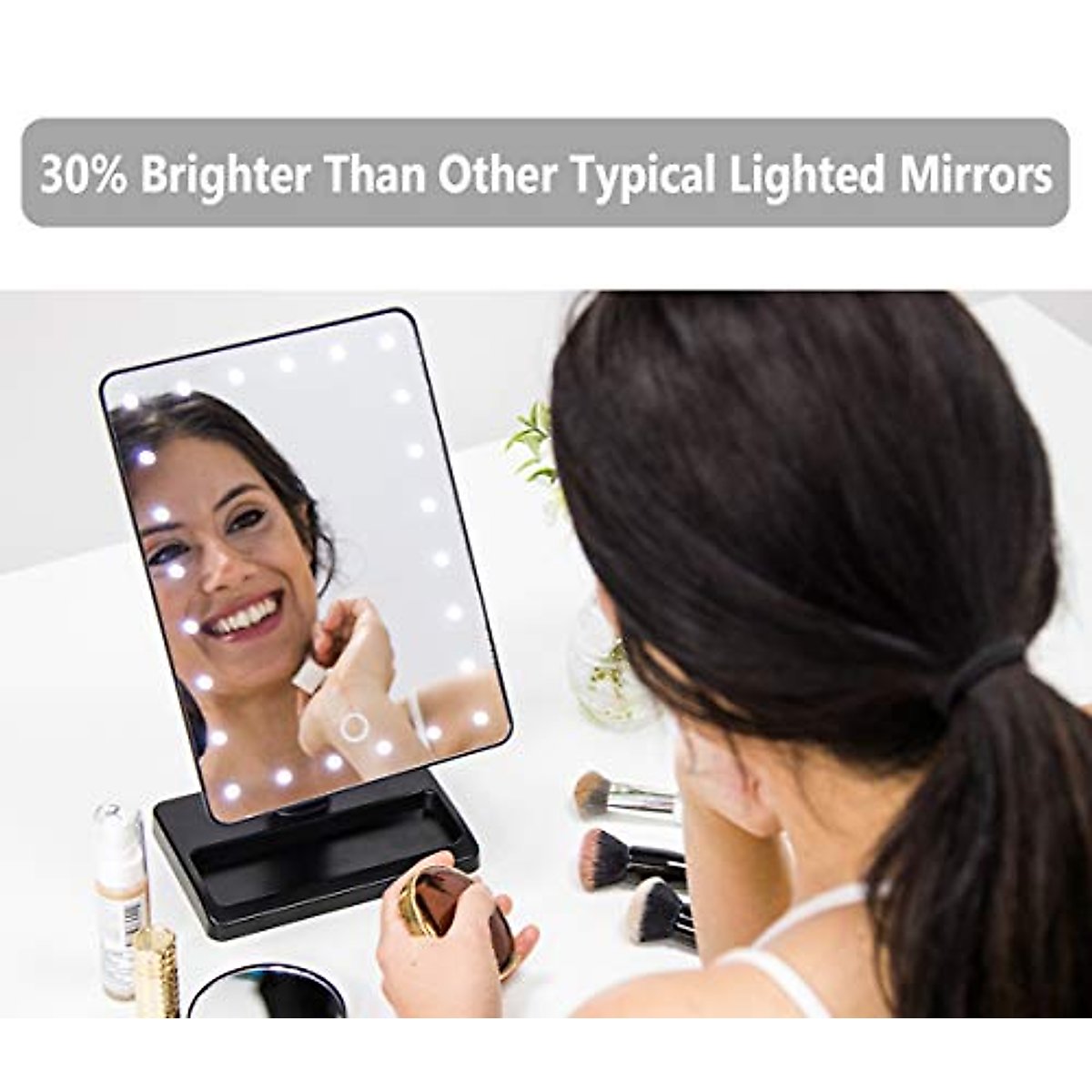 Waneway 12-Inch Screen Makeup Mirror with 24 LED Lights, Lighted Vanity Dressing Table Mirror with Touch Dimmable Memory Function and 10x Magnification Spot Mirror, Black (Battery Not Included)