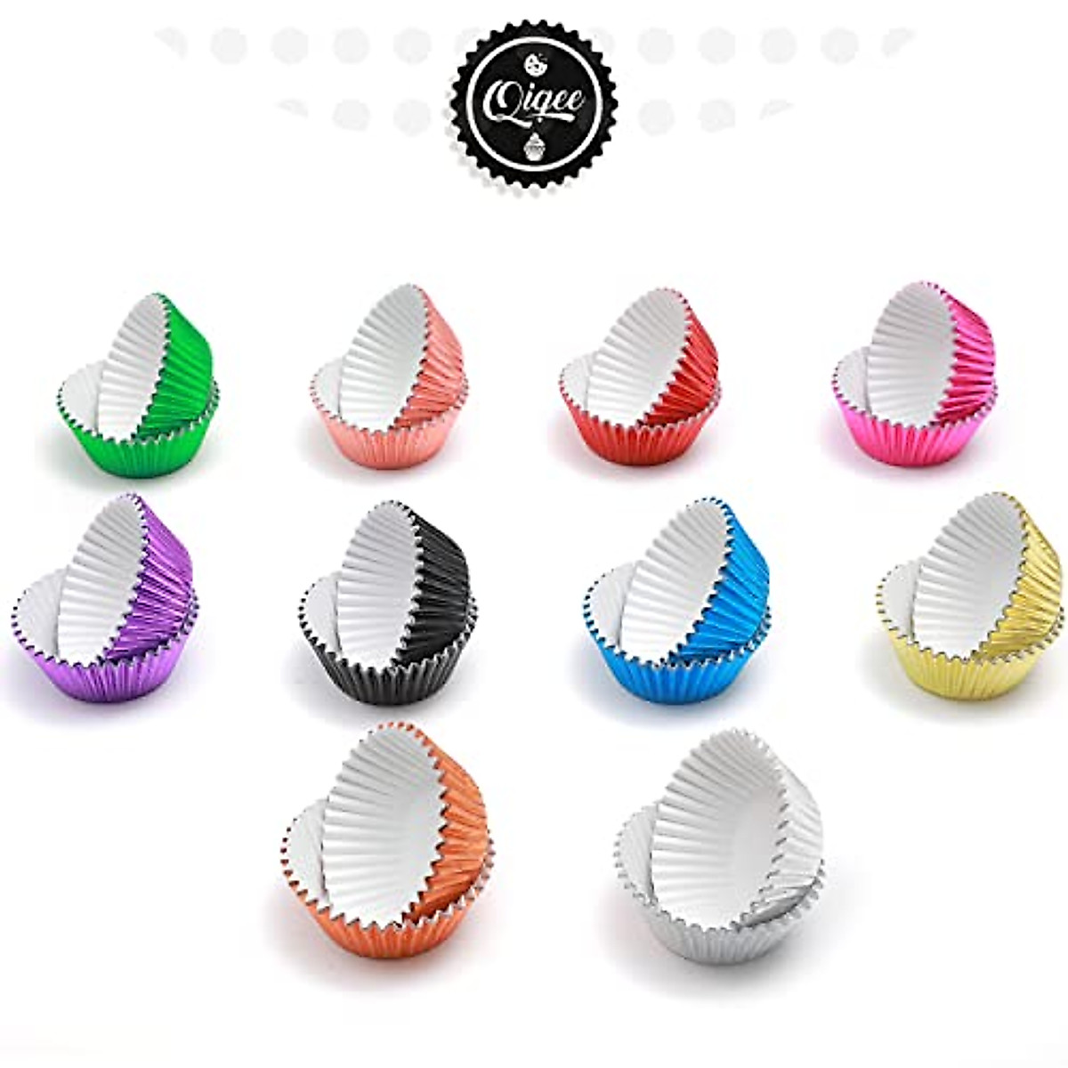 qiqee 500pcs Foil Cupcake Liners For Baking Standard Size Thick ＆ Sturdy Oil Resistance, 10 Color Baking Cups Muffin Liners Paper(Standard Size 2inch Bottom)