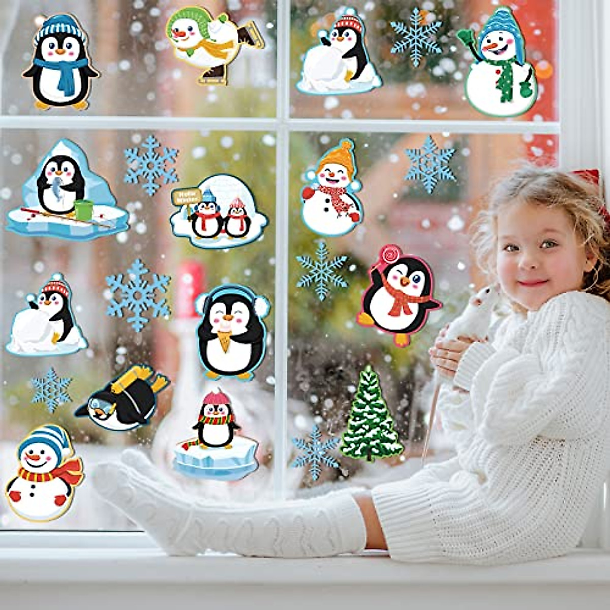 48 Pieces Winter Cutouts Christmas Classroom Bulletin Border Decoration with Glue Point Snowflake Penguin Snowman Cutouts for Winter Xmas Bulletin Board Classroom Home Office Decor (Penguin)