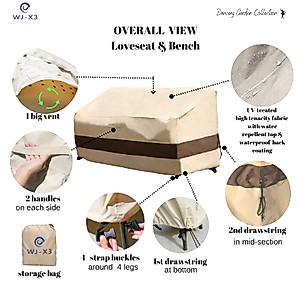 WJ-X3 3-Seater Outdoor Bench Cover, Heavy Duty Patio Bench Cover, Waterproof Bench Cover, High Wind Resistant Design for Porch Bench Cover, 86W x 30D x 35H, Beige & Coffee