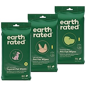 Earth Rated Specialty Wipes Bundle - Includes 70 Fragrance-Free Pet Eye Wipes, 60 Wild Oat-Scented Pet Ear Wipes, and 60 Wild Oat-Scented Topical Pet Wipes
