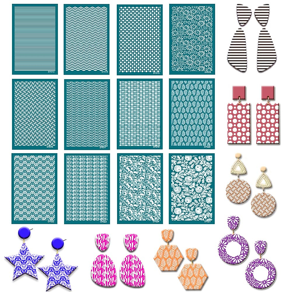 Silk Screen Stencils for Polymer Clay, Reusable Silk Screen Stencils for Printing on Jewelry Clay Earrings Decoration, Geometric Patterns Polymer Clay Silk Screen Stencils for Cup Plate DIY Decor