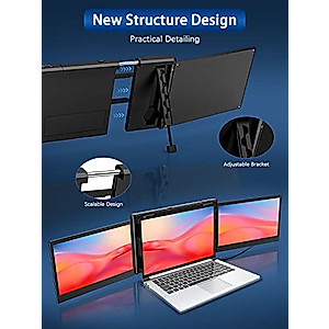 ADWOLT Triple Portable Monitor for Laptop Screen Extender-12'' 1080P Full HD IPS Triple Screen Laptop Monitor,One Type-C Cable Connection,Work with 13.3''-16.5'' Laptop& Switch/Xbox (for Windows)