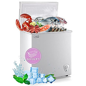 Chest Freezer Deep Freezer 5.0 Cu.Ft Mini Freezer White Free-Standing Top Door Freezer Adjustable 7 Thermostat and Removable Basket Open Deep Freezer Energy Saving Garage Basement Apartment Kitchen Business, White