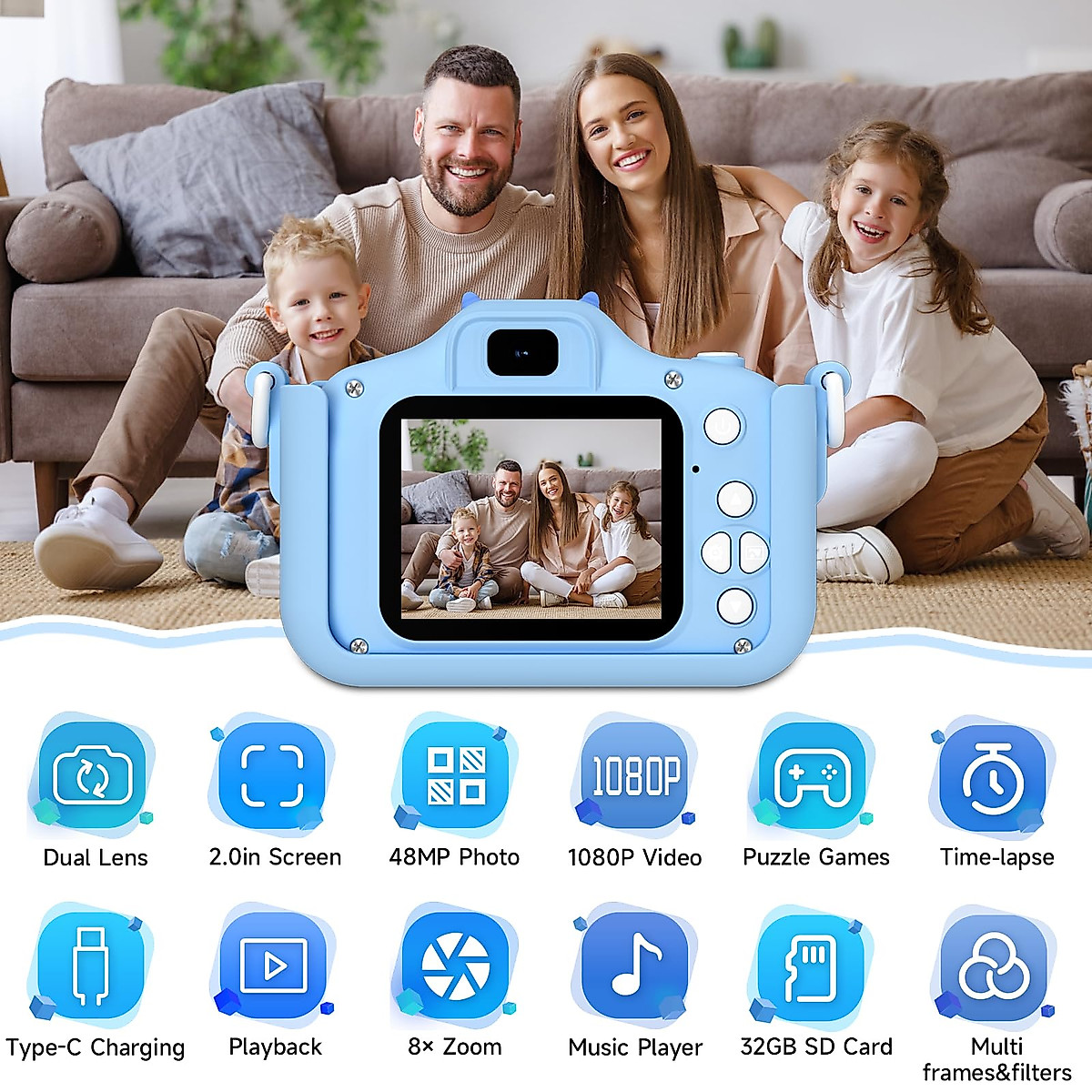 MIBIO Upgraded Kids Camera, 48MP HD Digital Selfie Camera for Toddlers, 1080p Video Camera for Kids, Christmas Birthday Gifts Toys for Boys Girls for Age 3 4 5 6 7 8 9 10 11 12 Years Old - 32 GB Card