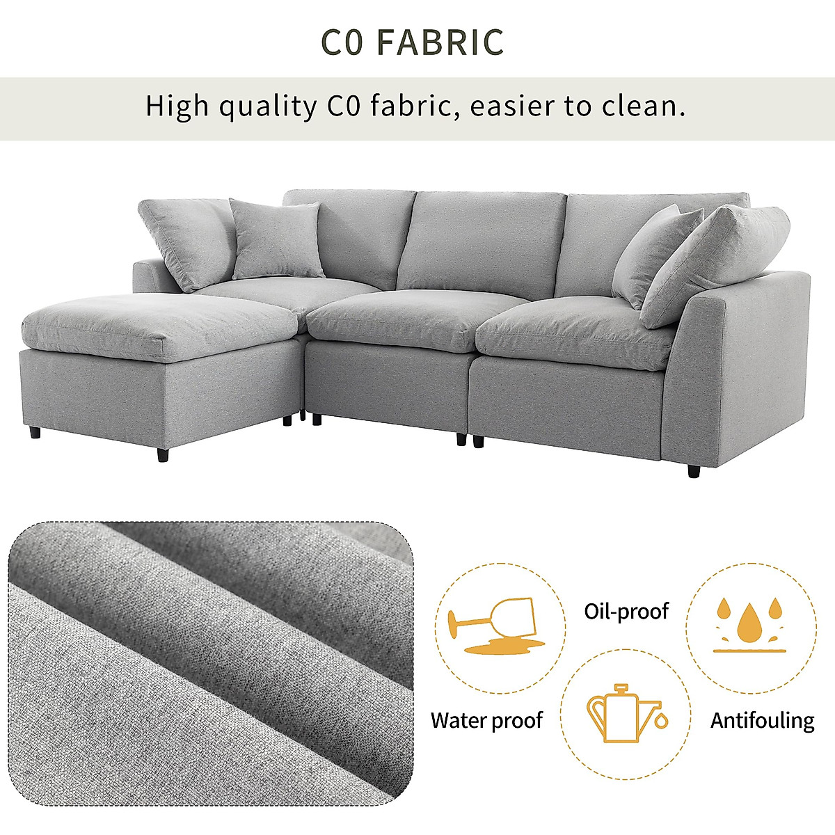 Taiweny Down Filled Convertible Modular Sectional Sofa, Modern Modular 3-Seat L-Shape Sofa Couch with Convertible Ottoman, Cloud Sofa Couch with Feather Filled for Living Room Apartment(Light Grey)