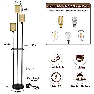 Boho Floor Lamp with Shelves, Black Floor Lamp with Hand-woven Shade, 3-Lights Corner Display Standing Lamp, Farmhouse Rustic Floor Lamps For Living Room, Bedroom, Office, Metal Tall Lamp for Reading