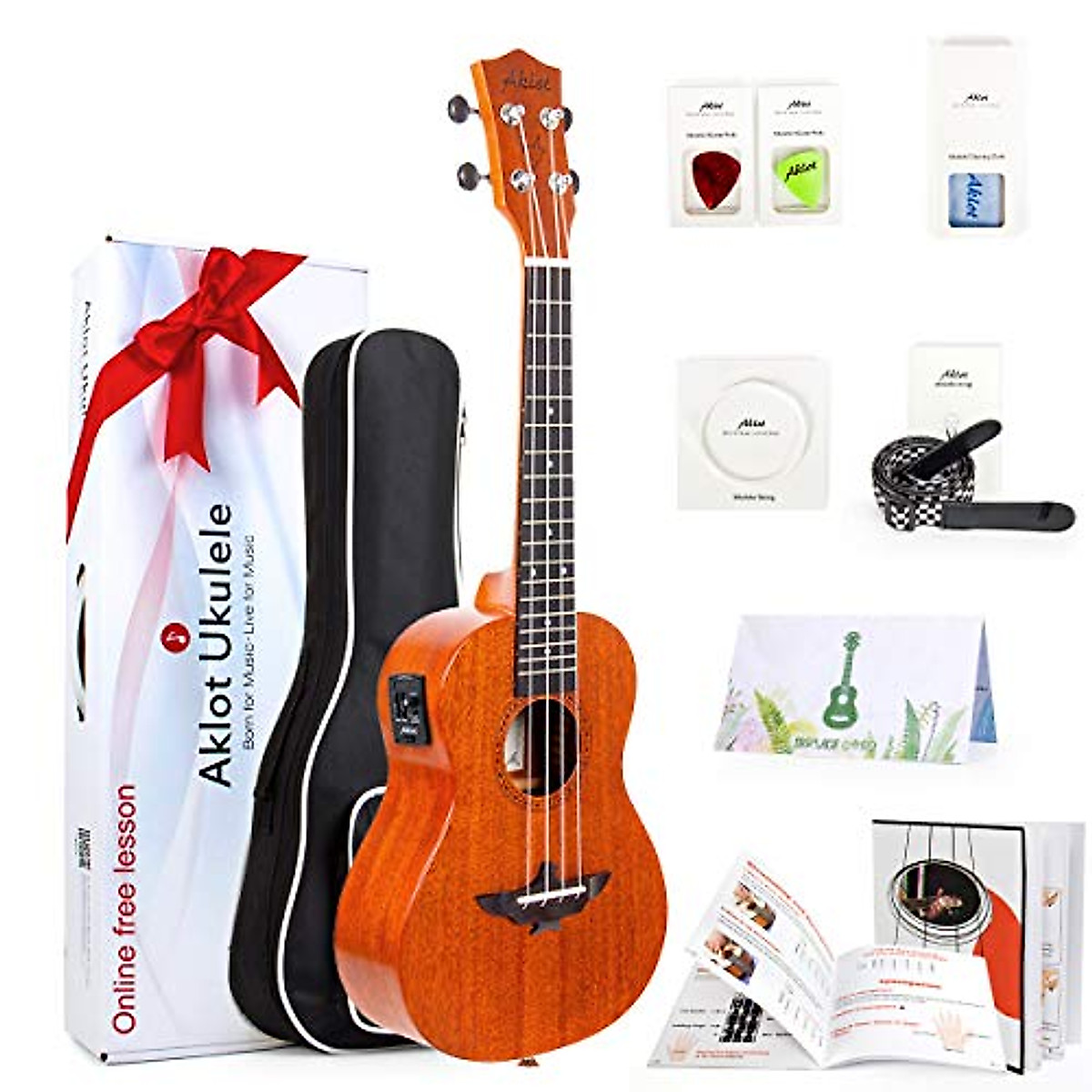 Electric Concert Ukulele, AKLOT Ukelele 23 Inch Solid Mahogany with Equalizer Uke for Professional Player with Beginner Kit (Gig Bag, Picks, Strap, String, Cleaning Cloth, Starter Manual)
