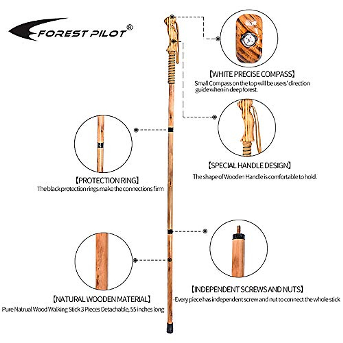 FOREST PILOT 3-pc Detachable Hardwood Walking Stick Pine Handle with Compass (Nature Color, 55 Inches, 1 Piece)