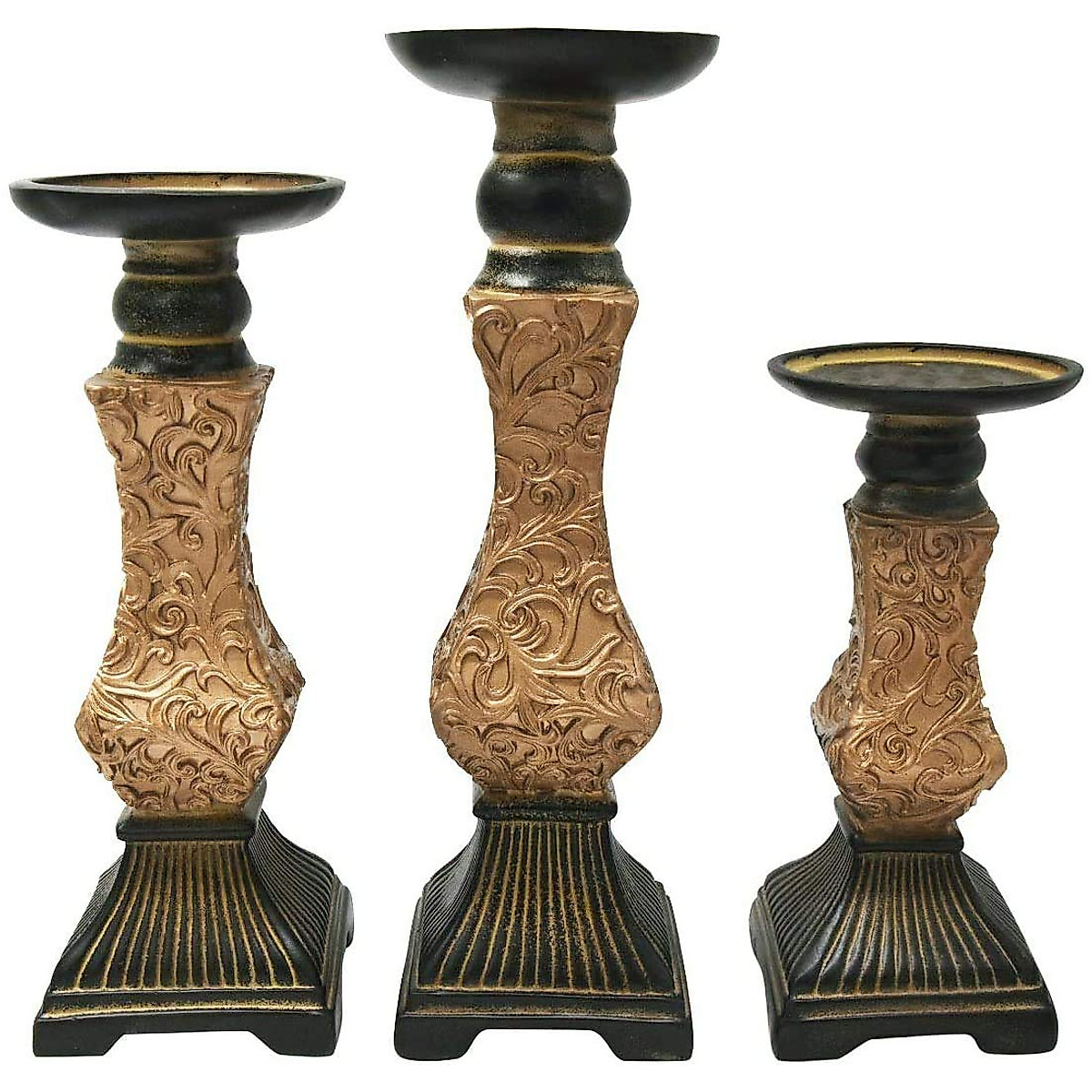 G-mart Set of 3 Gold Resin Pillar Candle Holders -12" H,10" H,8" H,Ideal for LED and Pillar Candles