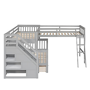 Harper & Bright Designs L Shaped Bunk Bed with Stairs and Storage, Twin Over Full Size Triple Bunk Bed for 3, Wood Corner Beds for Kids, Teens, Adults. No Box Spring Needed (Gray)