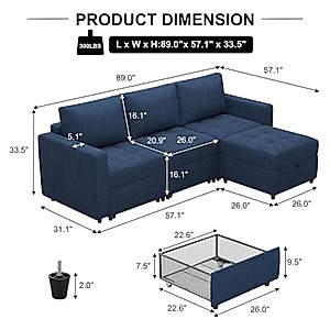 Belffin Modern Fabric Convertible Modular Sectional Sofa Couch with Reversible Chaise and Storage Seats 3 Seater Sofa Sectionals L Shaped Couch Set with Ottoman for Small Space Blue