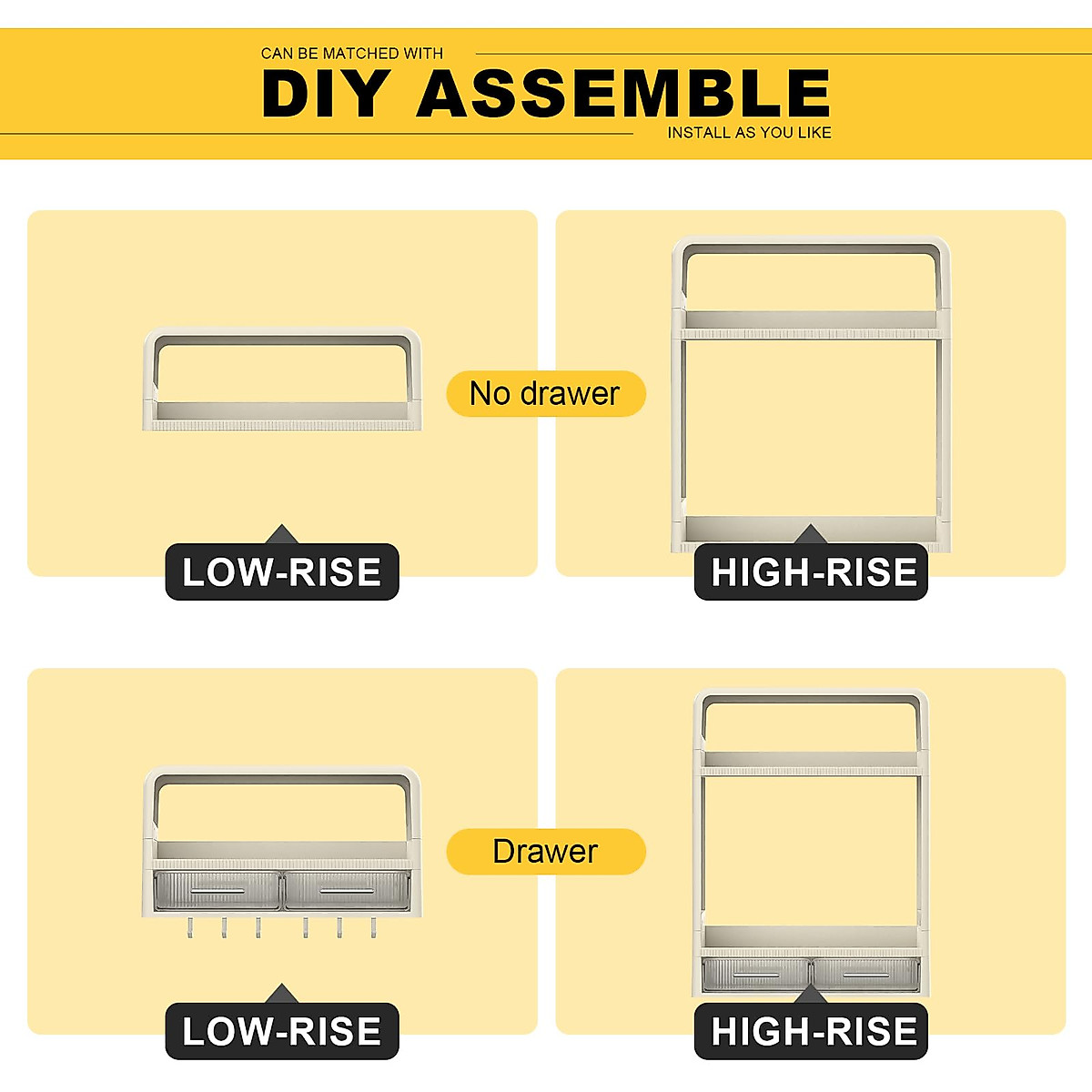 Oroonoko 2 Tier Plastic Bathroom Shelf Wall Mounted,Adhesive Shower Caddy Storage with 2 Drawers and 6 Hooks for Bathroom Kitchen Refrigerator (2 Tiers with Draws)