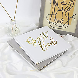 DHGFAMI Wedding Guest Book - 100 Page/50 Sheets – for Wedding, Reception, Engagement, Baby Birthday - White Guestbook w/Bookmark & Gold Floral Pattern Foil Gilded Edges (White)