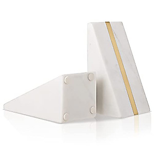 Warm Toast Designs - Marble Bookends White - 100% Polished Marble with Brass Inlay - Book Stoppers - Stylish Set of 2