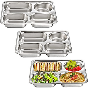 Nicunom 3 Pcs 304 Stainless Steel Divided Plates, Unbreakable 4 Compartment Trays, Divided Dinner Tray, Adults Sections Plate, Compact Serving Platter for Lunches, Portion Control, Camping