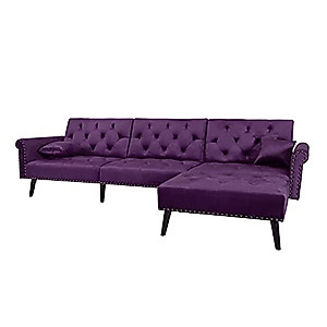 Velvet Convertible Sectional Sofa Bed Sleeper with Reversible Chaise and Pillows Comfy Velvet Fabric L-Shaped Reversible Reclining Sofa with 3 Seats and Pillows (Purple)
