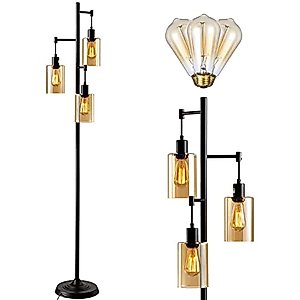 LEONLITE Farmhouse Floor Lamp for Living Room, Industrial Tree Standing Lamp with 3 Amber Glass Shades & Incandescent Bulbs, Rustic Vintage Tall Pole Light with Metal Base for Bedroom Office Study