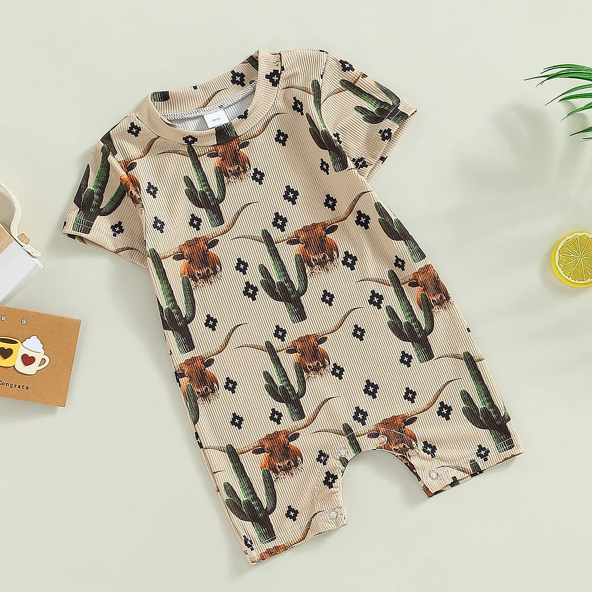 Muasaaluxi Western Baby Girl Boy Clothes Short Sleeve Cow Print Romper One Piece Bodysuit Shorts Summer Outfit (Khaki, 3-6 Months)