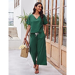 Ekouaer Women's 100% Cotton Linen Lounge Set Short Sleeve Top Wide Leg Pant Pajama Set Outfits,Viridian,X-Large