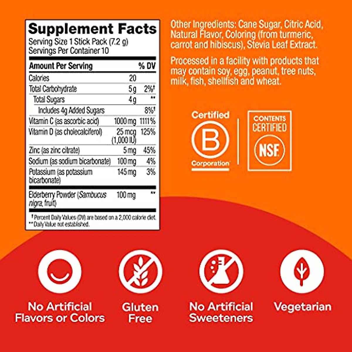 OLLY Immunity Powder, Daytime Immune Support, Elderberry, Vitamin C, D, Zinc, Fizzy Drink Mix, Blood Orange - 10 Count