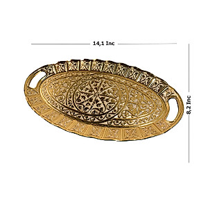 Turkish Tea Coffee Beverage Dinning Serving Tray Ellipse with Handled Ottoman Motif Decorative Middle Table Drink Serving Bathroom Oval Suitable for Gift Tray (14.1x8.2x1 INC) 35.8x20.5x2cm Gold