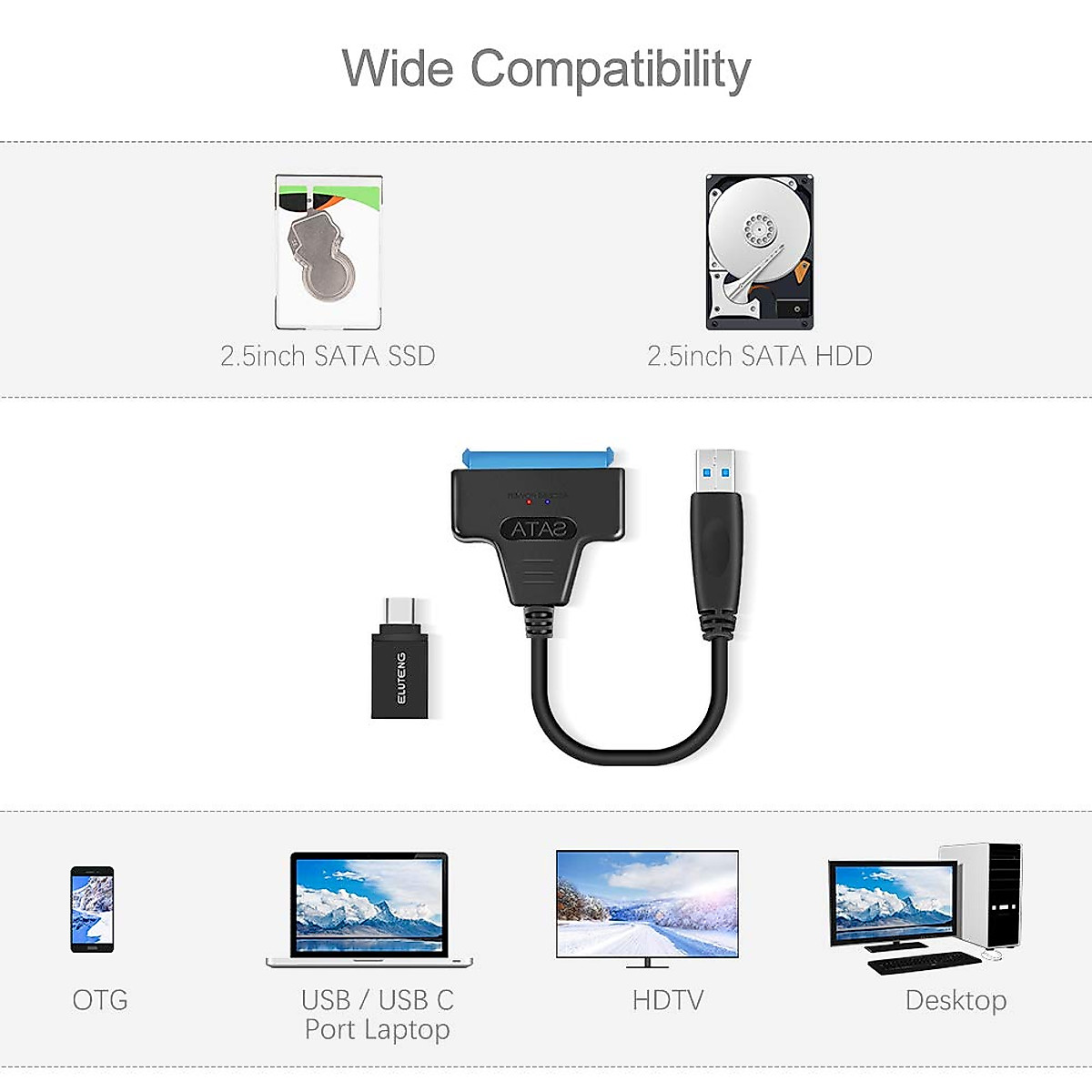 ELUTENG USB 3.0 SATA Adapter 2.5 Inch SATA to USB 3.0 Cable 22 Pin 7+15 HDD / SSD Cord Support UASP Serial ATA III Compatible for 2.5 SATA Hard Drive (USB C to SATA)