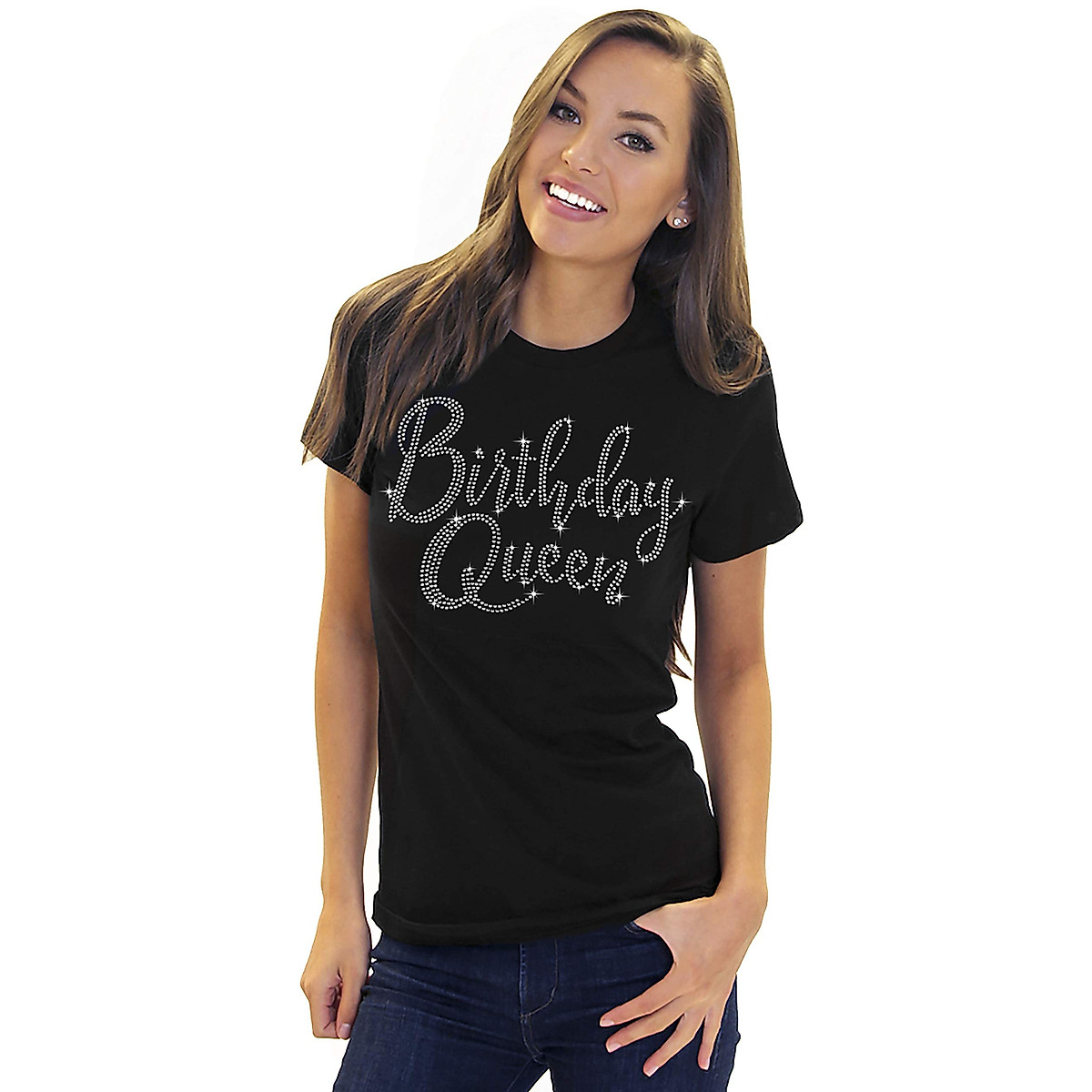 Birthday Tees for Women - Rhinestone Girly Birthday Queen T-Shirt - Birthday Party Shirts - X-Large - Black Tee(Queen RS) Blk/XL