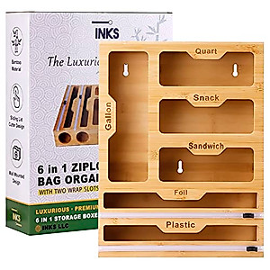 INKS Bamboo Ziplock Bag Organizer for Drawer, 6 in 1 Aluminum Foil and Plastic Wrap Dispenser With Cutter, Ziplock Baggie Kitchen Organization Storage Suitable for Food Gallon-Quart-Sandwich-Snack-Bag