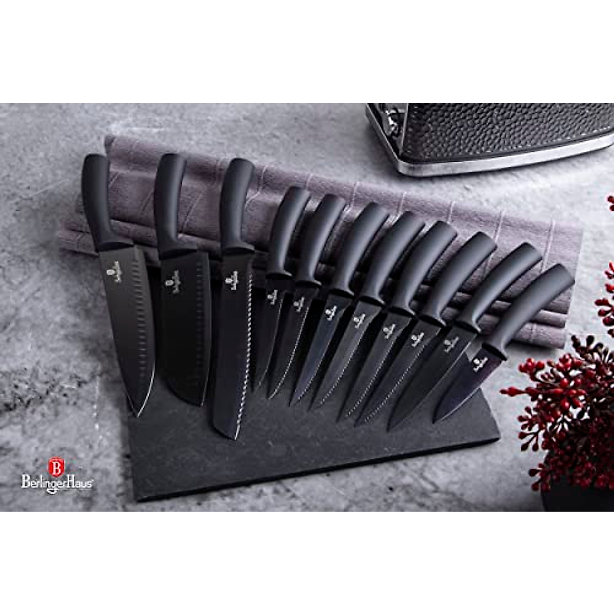 Berlinger Haus 11 Piece Knife Set, Eco Friendly Knives Set for Kitchen, Cooking Knives with Ergonomic Handles, Sharp Cutting Stainless Steel Chef Knife Set, Black