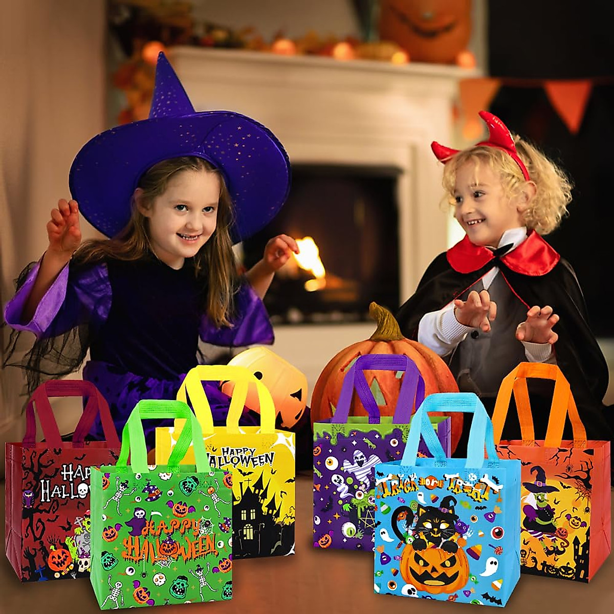 DULEFUN 8pcs Halloween Trick or Treat Bags, Halloween Tote Gift Bags with Handles Reusable Non-Woven Goodie Candy Bags for Gifts Wrapping Halloween Party Favor Supplies