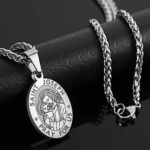 Zocomi Silver Saint St Joseph Medal Necklace for Men Boys, St. Joseph Pendant Chain Jewelry Catholic Christian Religious Baptism First Communion Confirmation Gifts Teenage Age Kids