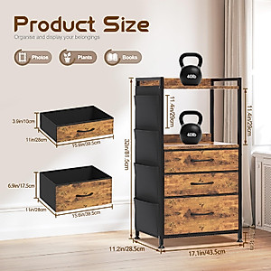 KreuRaxy 3 Drawers Tall Bedroom Nightstand with Wood Shelf, Fabric Dresser Organizer with Side Pockets, Vertical Storage Chest of Drawers Bedside Table for Closet, Living Room, Hallway(Rustic Brown)