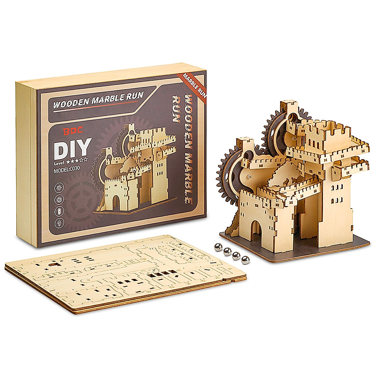 BDC 3D Wooden Puzzles for Teens & Adults, Electric Mechanical Building Project, 3D House Kit, Wooden Marble Track, Cool DIY Puzzle Gift for Aged 14+, (The Fortress)